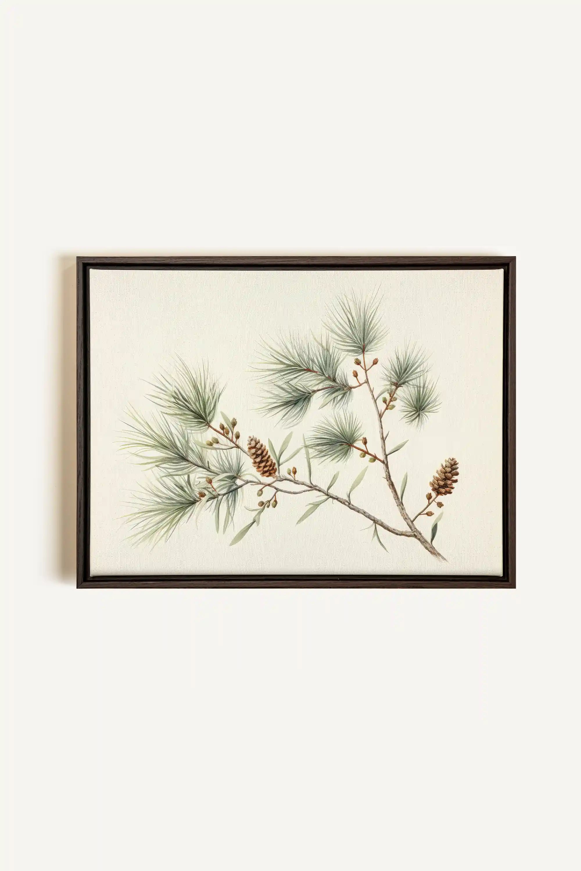 Conifer Branch, Oeuvre sur toile étirée, encadré Brun Noyer – Oleka Canvas